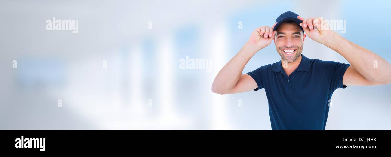 Man in blue cap in front of blurred background 3d Stock Photo - Alamy