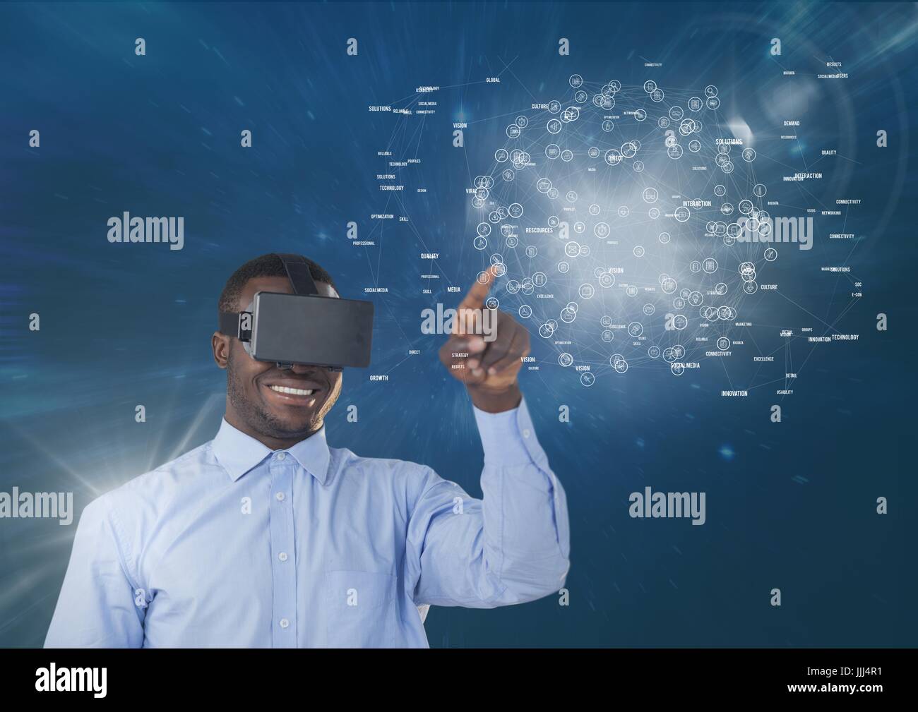 Happy man in VR headset touching interface with flares against blue ...