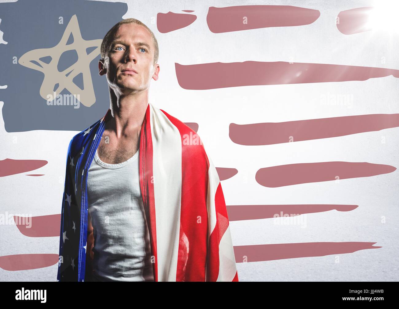 Man wrapped in american flag against hand drawn american flag and white ...