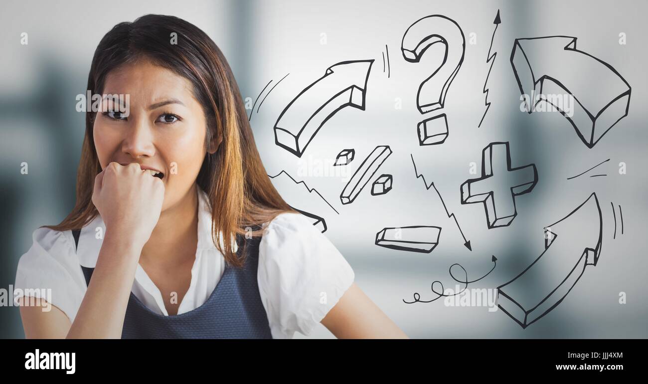 Frustrated business woman against blurry grey office and 3D math ...