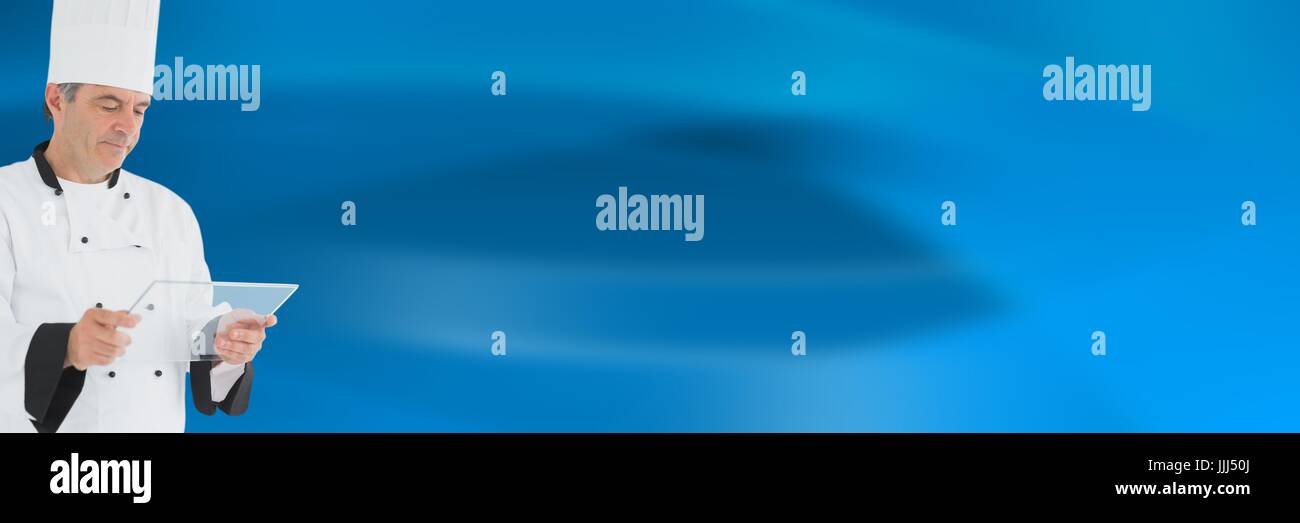 Chef with blue blurred background and copy space Stock Photo - Alamy