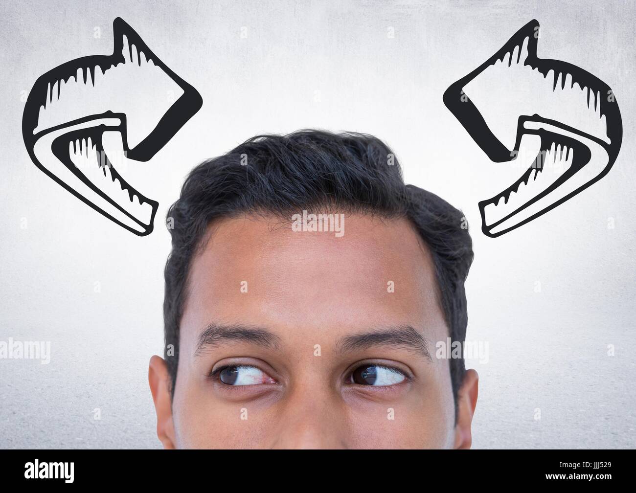 Top of man's head and 3D grey arrow against white wall Stock Photo - Alamy