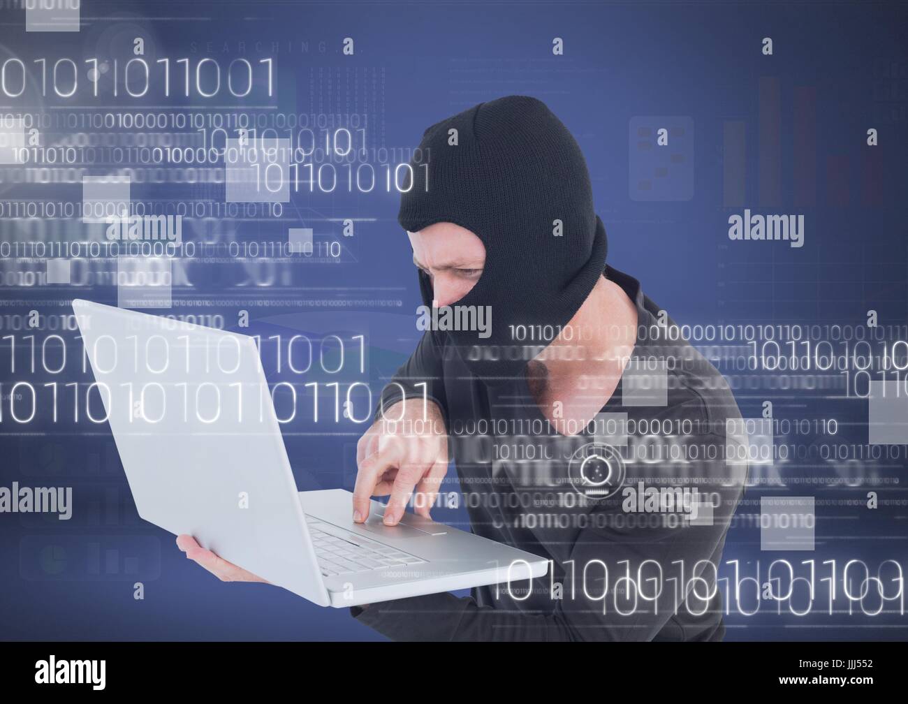 Hacker with hood using a laptop in front of 3D blue background Stock ...