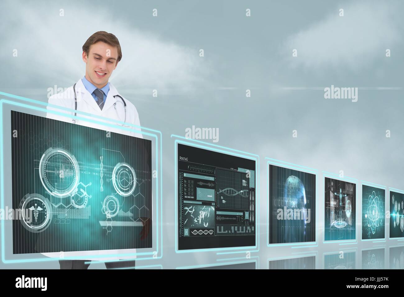 Man doctor interacting with medical interfaces against sky with clouds ...