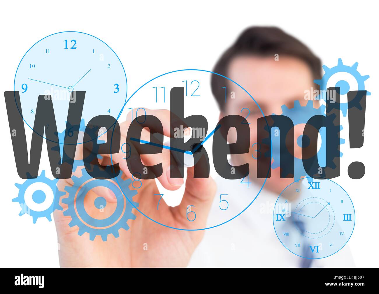 Weekend graphic write by business man on the screen. With clocks Stock ...