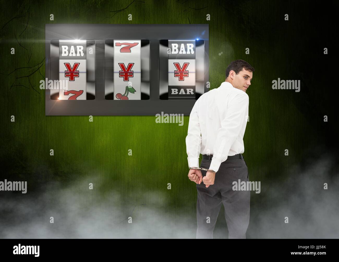 Back of Man Looking at 3d casino slot machine with hand cuffs Stock ...