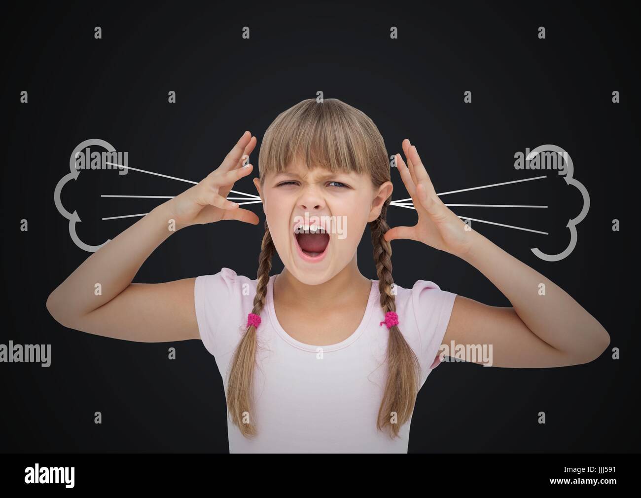 anger girl with steam on ears. Black background Stock Photo - Alamy