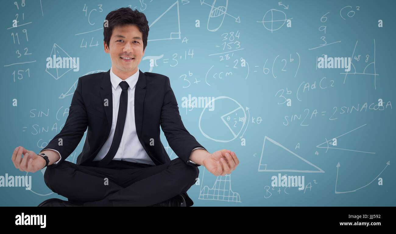 Business man against blue background with math doodle Stock Photo - Alamy