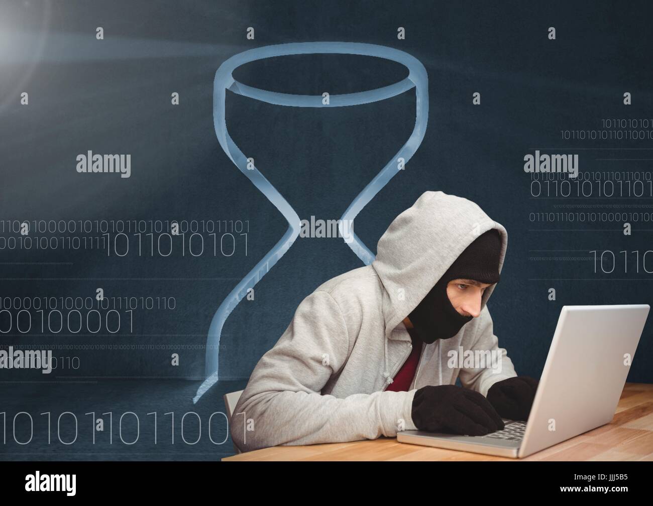 3D Hacker using a laptop in front of digital background with an ...