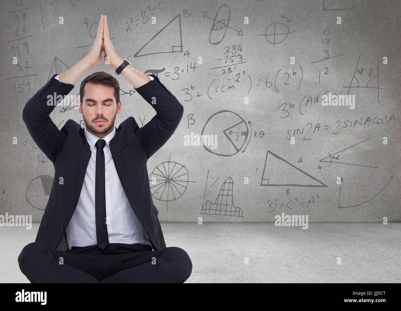 3d Business man meditating in grey room with math doodles Stock Photo ...