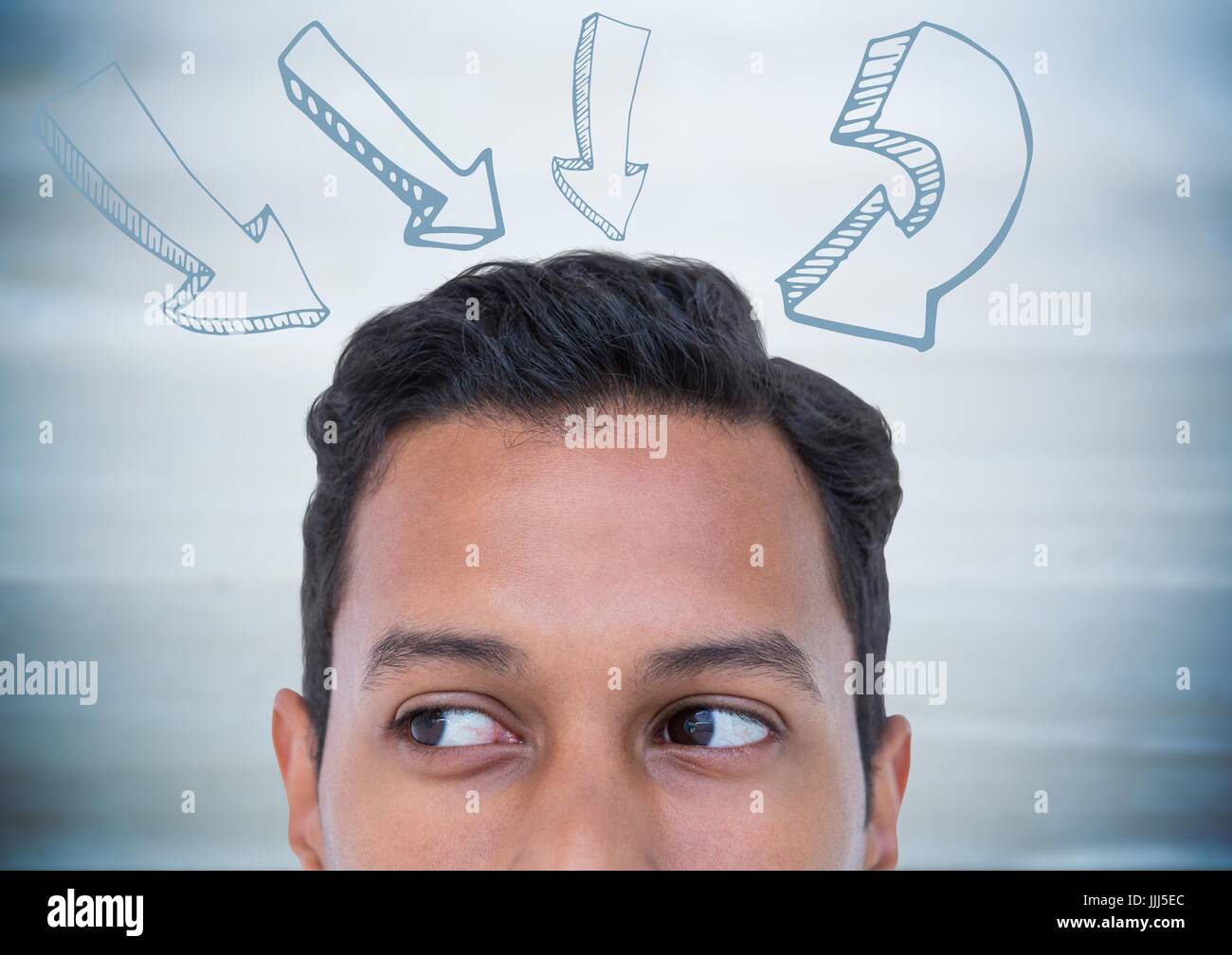 Top of man's head and 3d arrows against blurry blue wood panel Stock ...