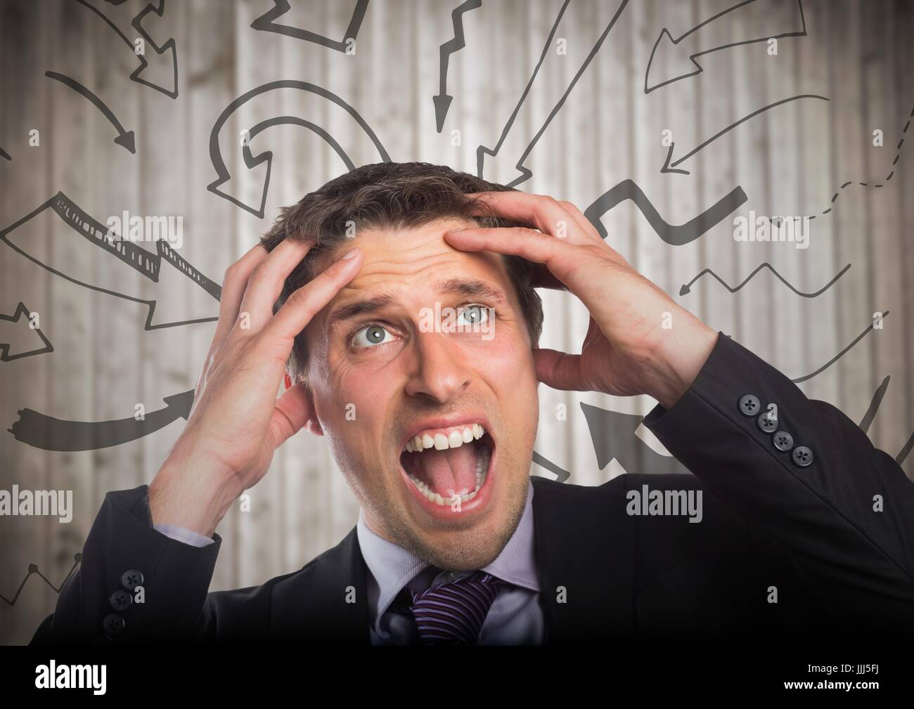 Frustrated business man against blurry wood panel and 3D arrow graphics ...