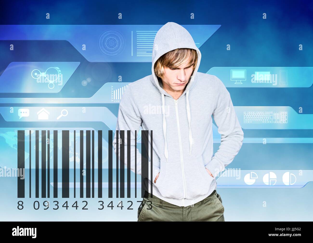 Blond hair hacker in front of digital background close to a bar code ...