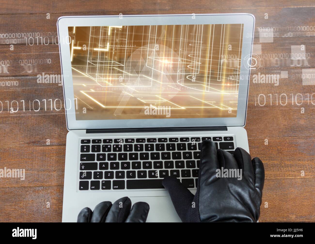 hands with gloves using a laptop in a wood table Stock Photo - Alamy