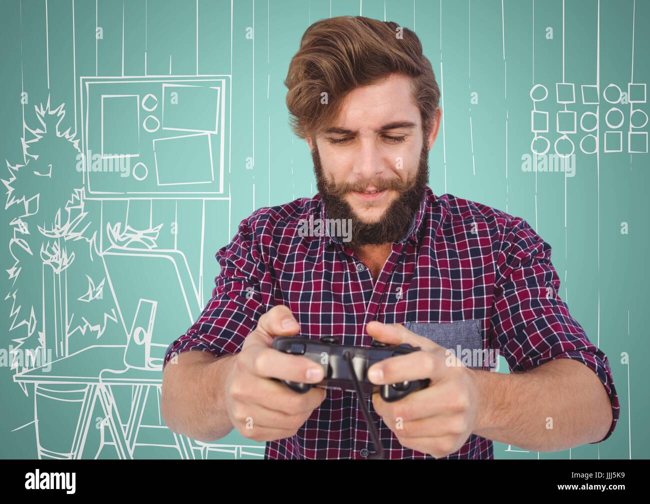 Millennial man playing video games against aqua and white hand drawn ...