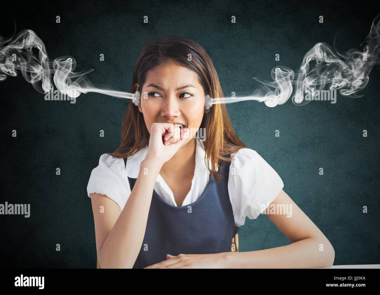 anger young woman with 3D steam on ears and hand on the mouth. Black ...