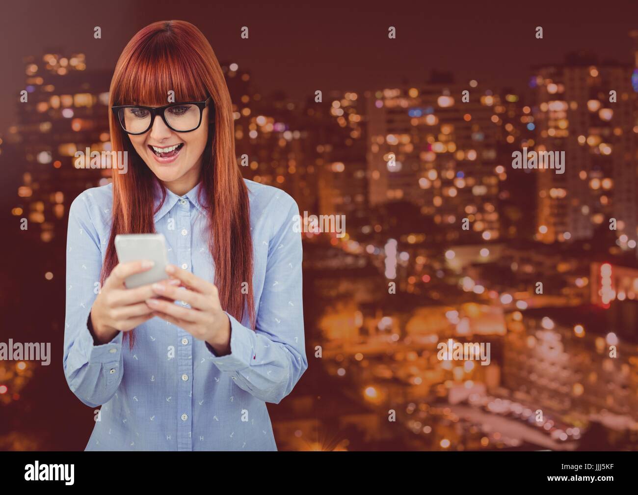 Woman Texting in rouge red night city Stock Photo - Alamy