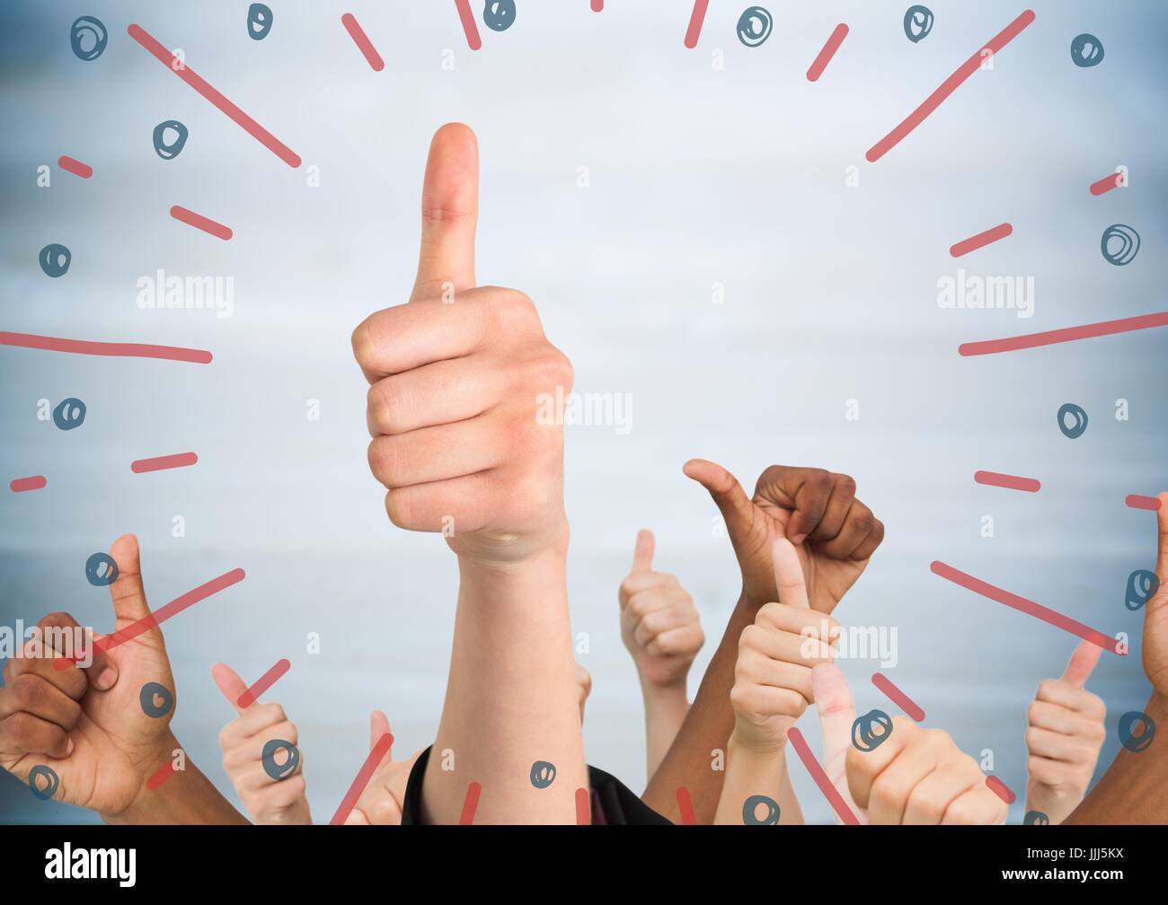 Hands giving thumbs up against blurry blue wood panel and red blue ...