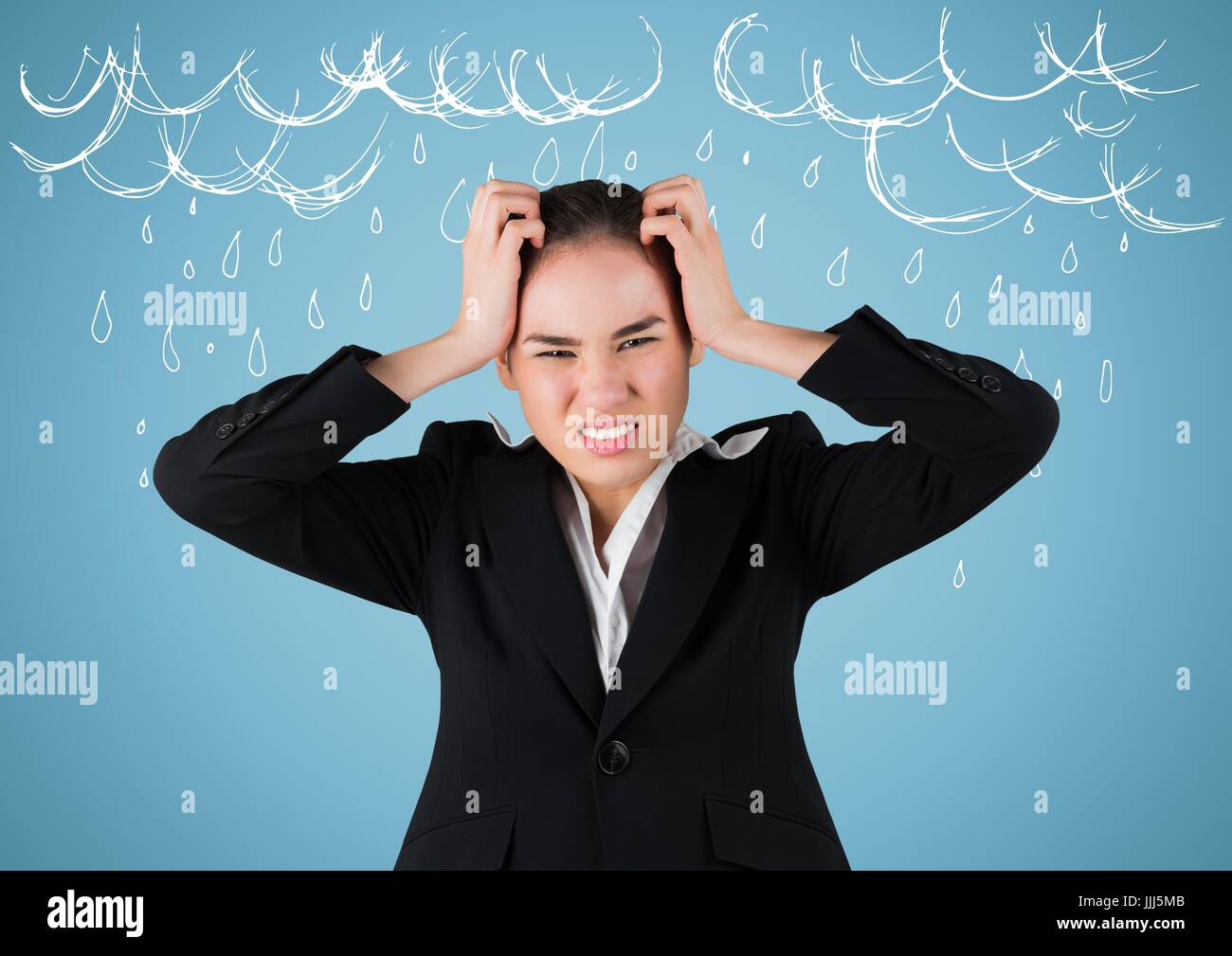 Frustrated business woman against blue background and white rain ...