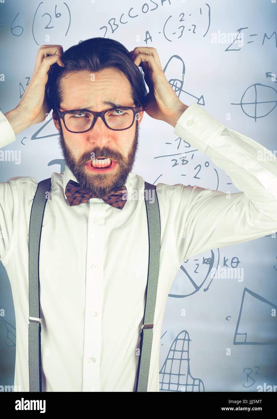 Frustrated nerdy business man against blurry blue wood panel and math ...