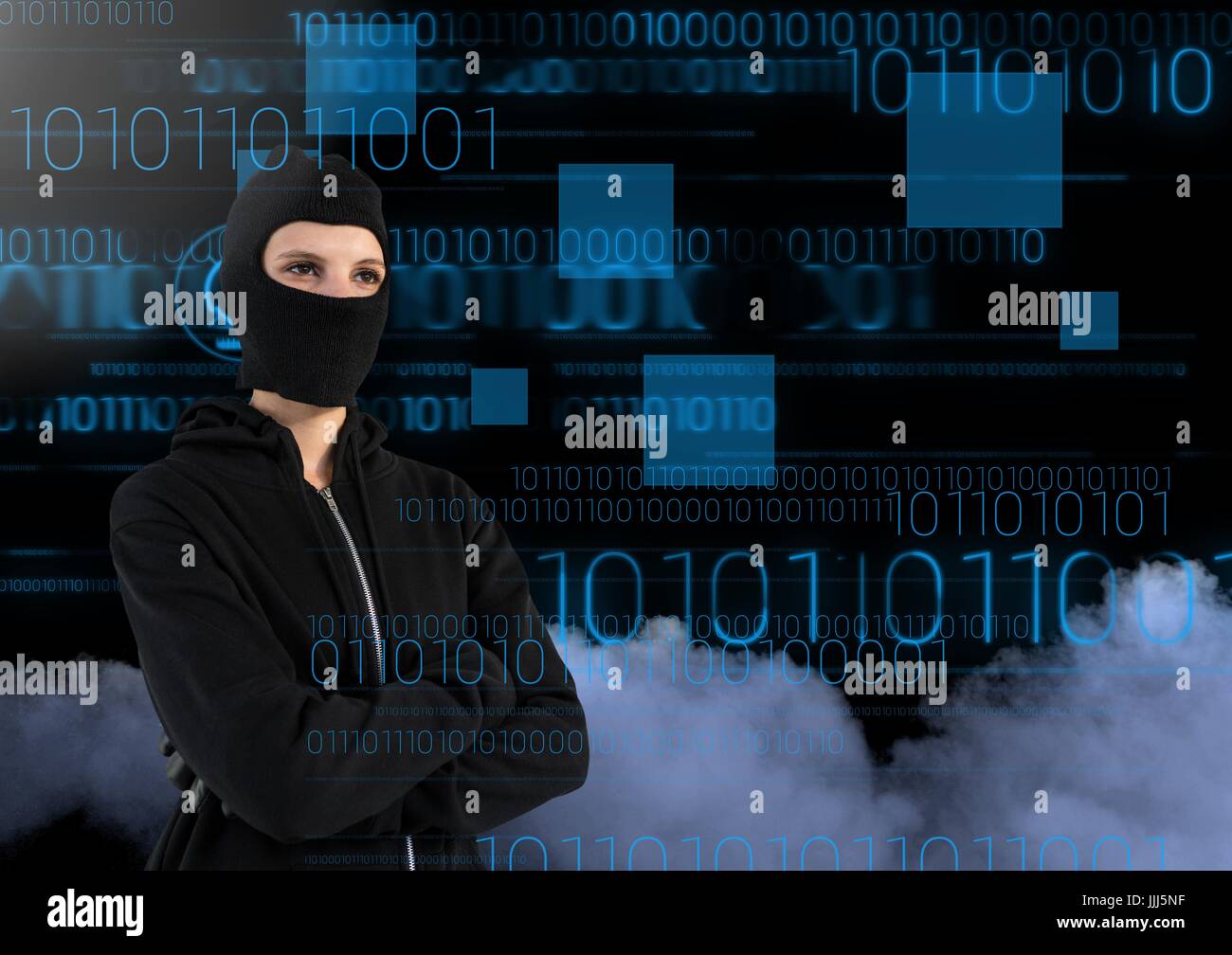Woman hacker with arms crossed in front of 3d digital background Stock ...