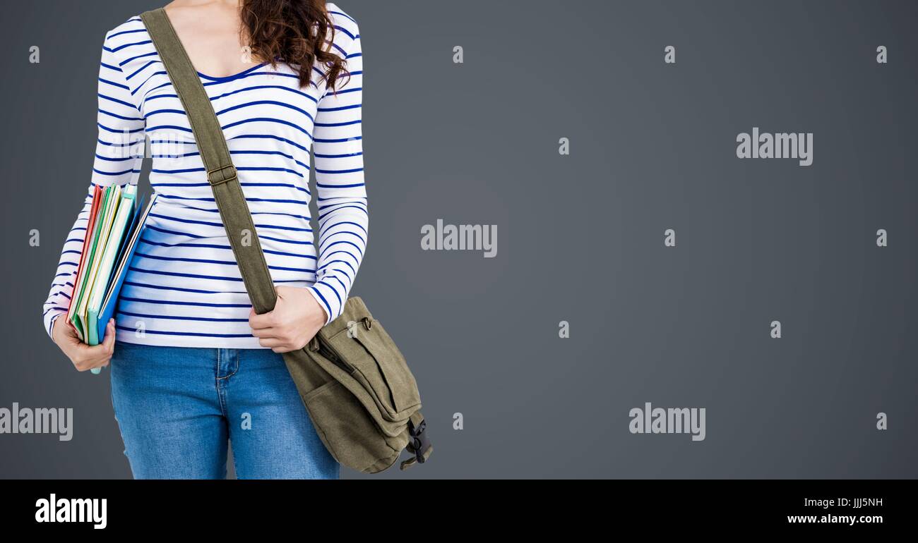 3d College student with books and bags against grey background Stock ...