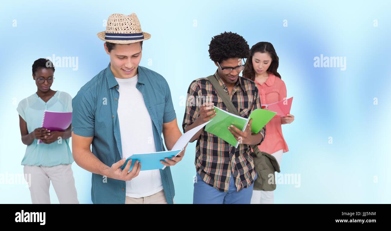 College students against blue abstract background Stock Photo - Alamy