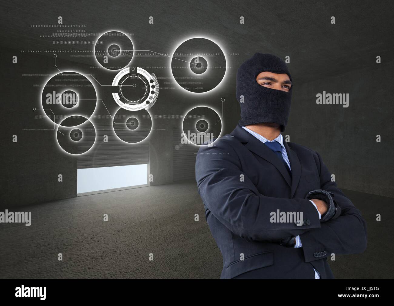 3D Business hacker with arms crossed standing in a room Stock Photo - Alamy