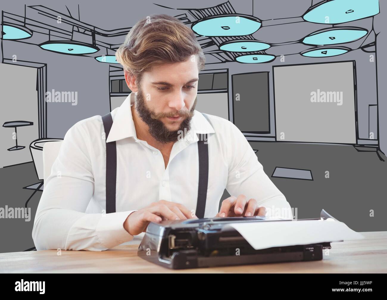 Millennial man at typewriter against blue and grey hand drawn office ...