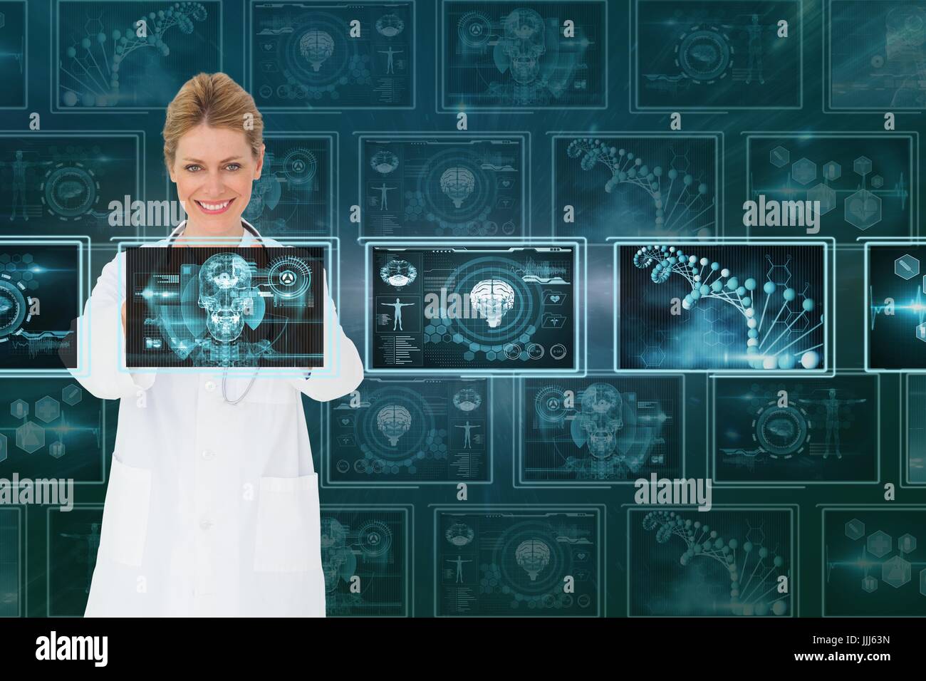Woman doctor interacting with medical interfaces against background ...