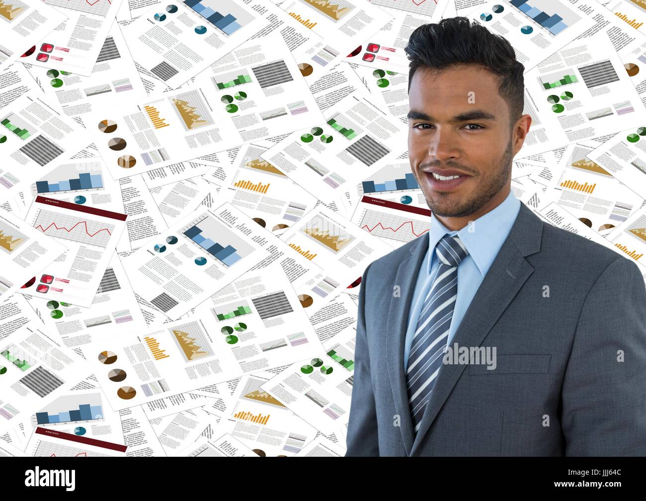 Business man against document backdrop Stock Photo - Alamy