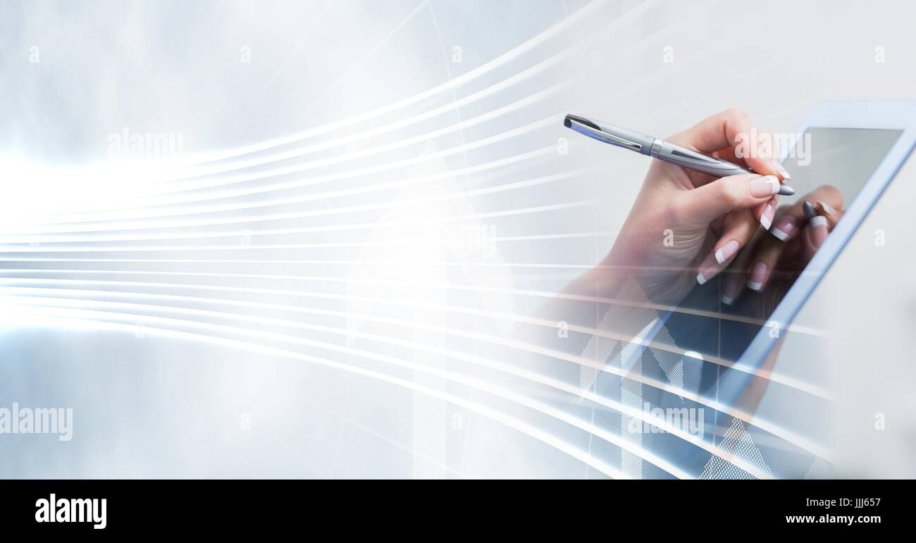 Hands writing on tablet with stylus and white interface transition ...