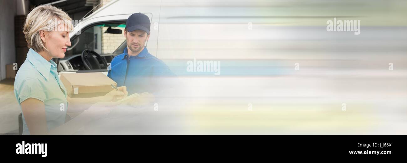 Delivery Courier with client holding box with transition delivery 3d ...