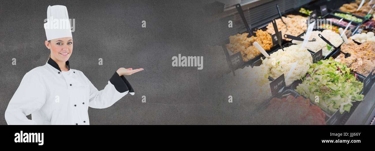 Deli counter Chef with deli food background and copy space Stock Photo ...