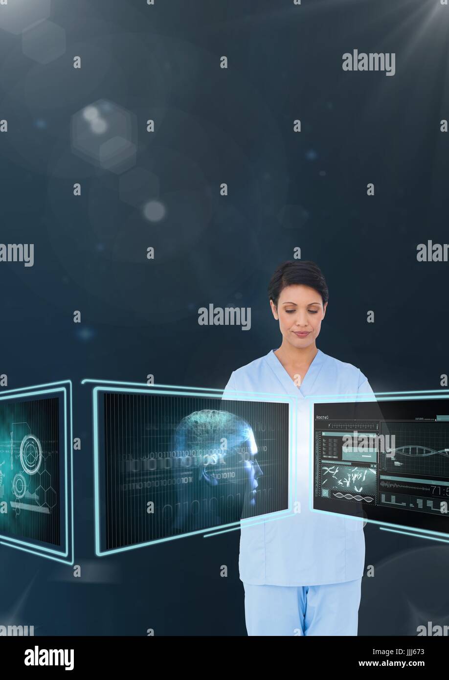 Woman doctor interacting with 3d medical interfaces against blue ...
