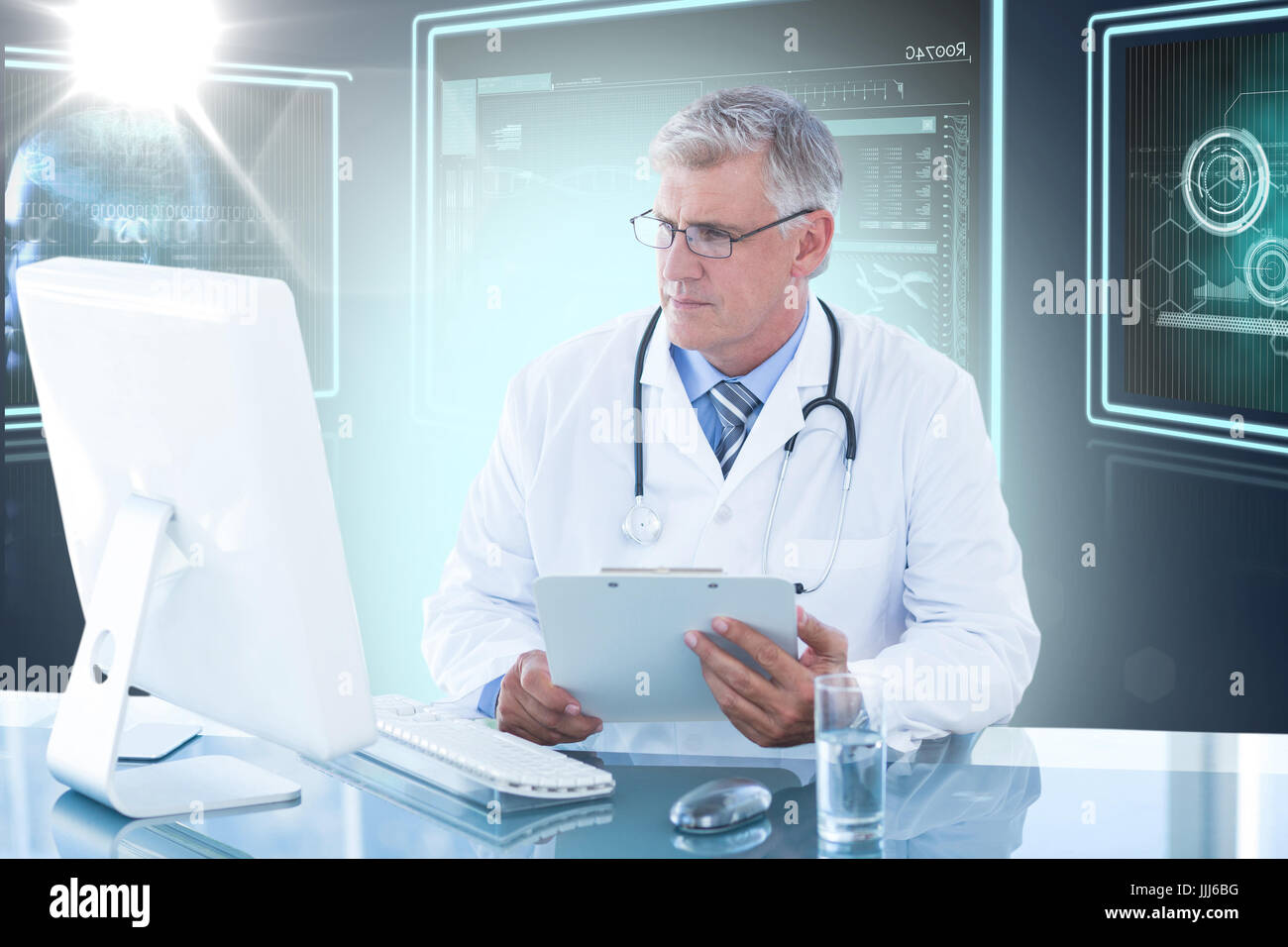 Composite 3d image of male doctor holding clipboard while looking at ...