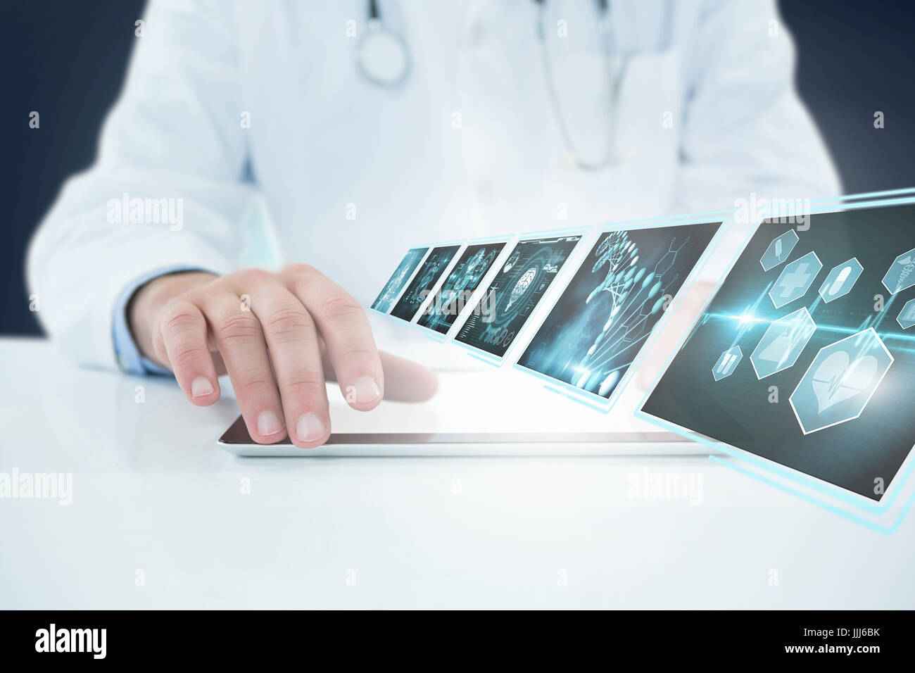 Composite 3d image of doctor using digital tablet against white ...