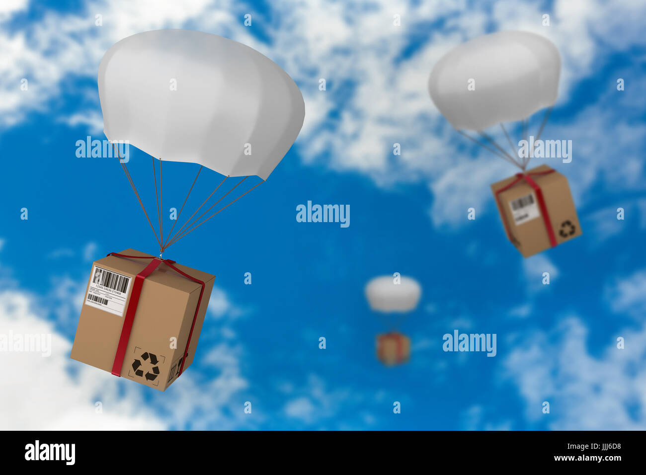 Composite image of 3d image of parachute carrying cardboard box Stock ...