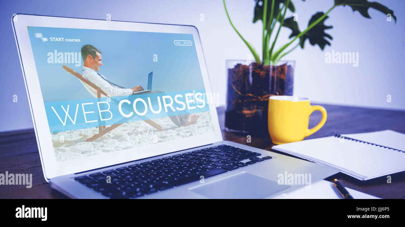 Composite 3d image of businessman learning on the beach Stock Photo - Alamy