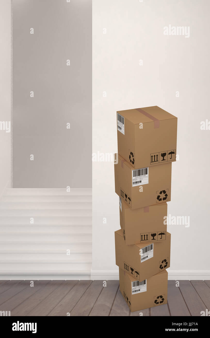 Composite image of packed brown cardboard boxes on white background ...