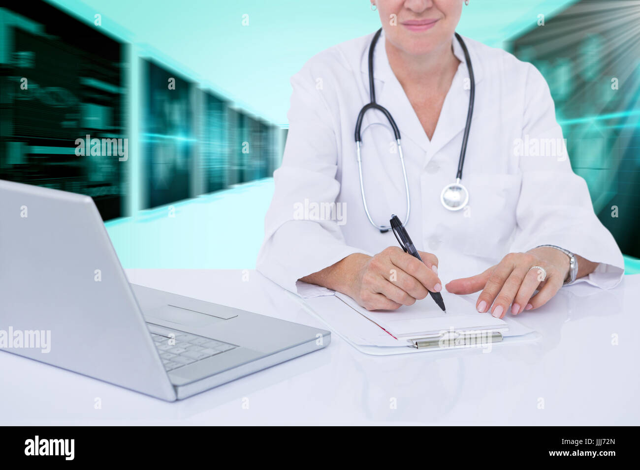 Composite 3d image of midsection of female docotor writing prescription ...