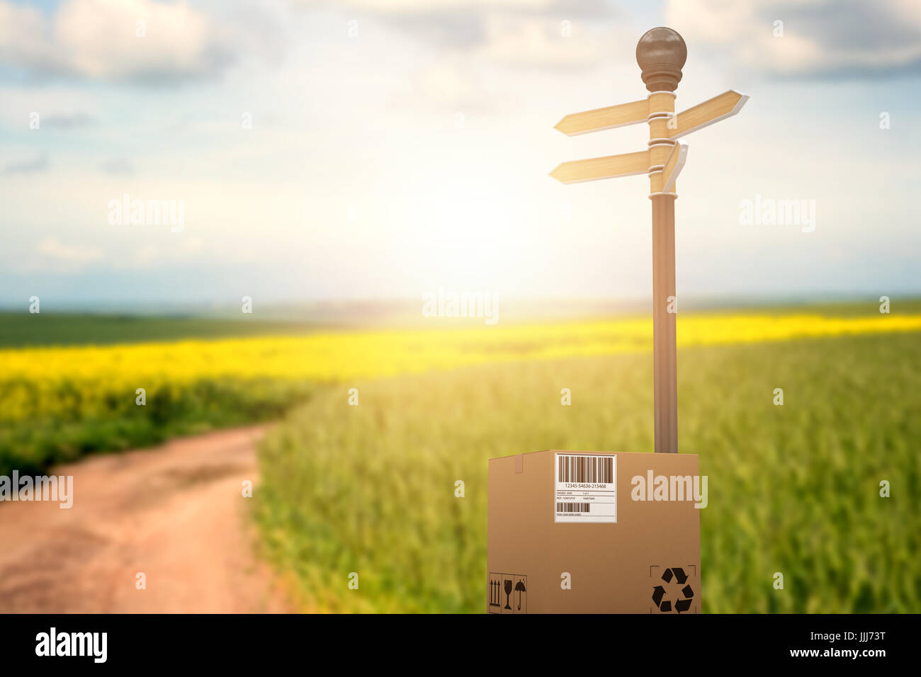 Composite image of cardboard box with road sign Stock Photo - Alamy