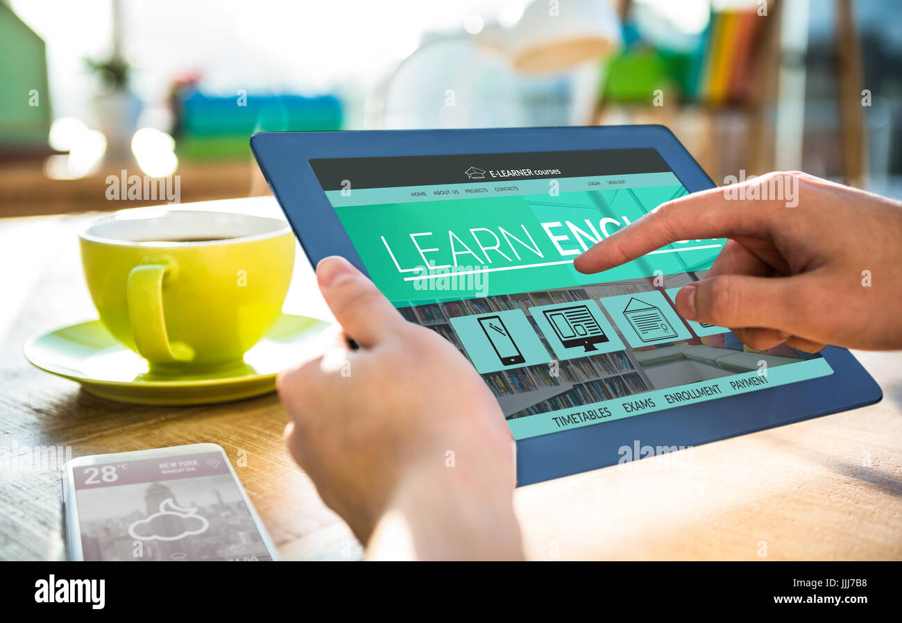 Composite 3d image of vector image of e-learning interface on screen ...