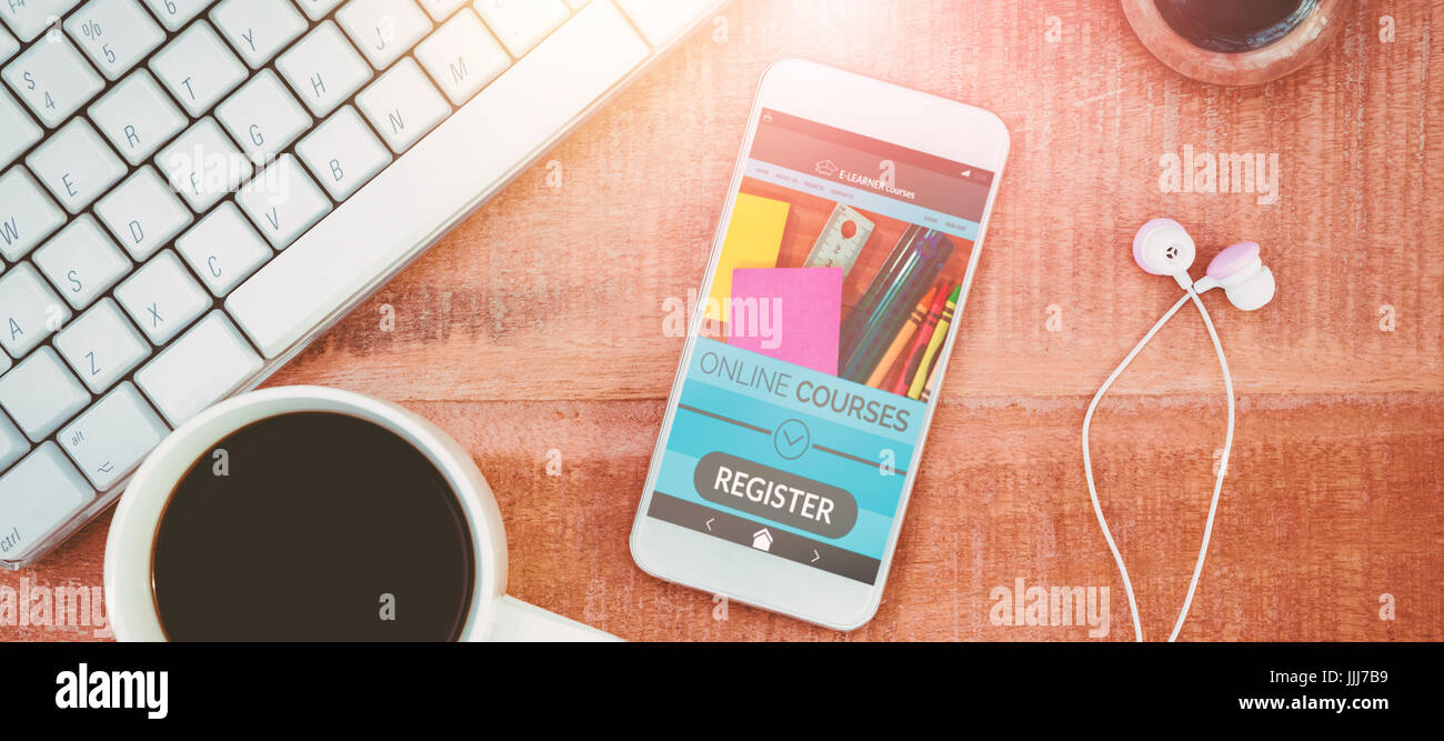 Composite 3d image of digital image of e-learning interface on screen ...