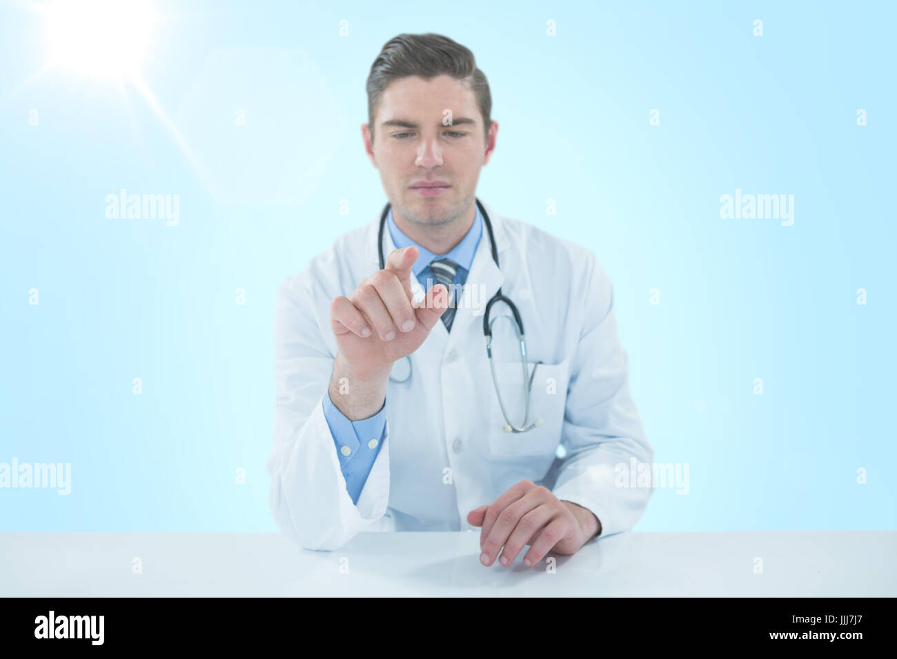 Composite 3d image of doctor using digital tablet against white ...