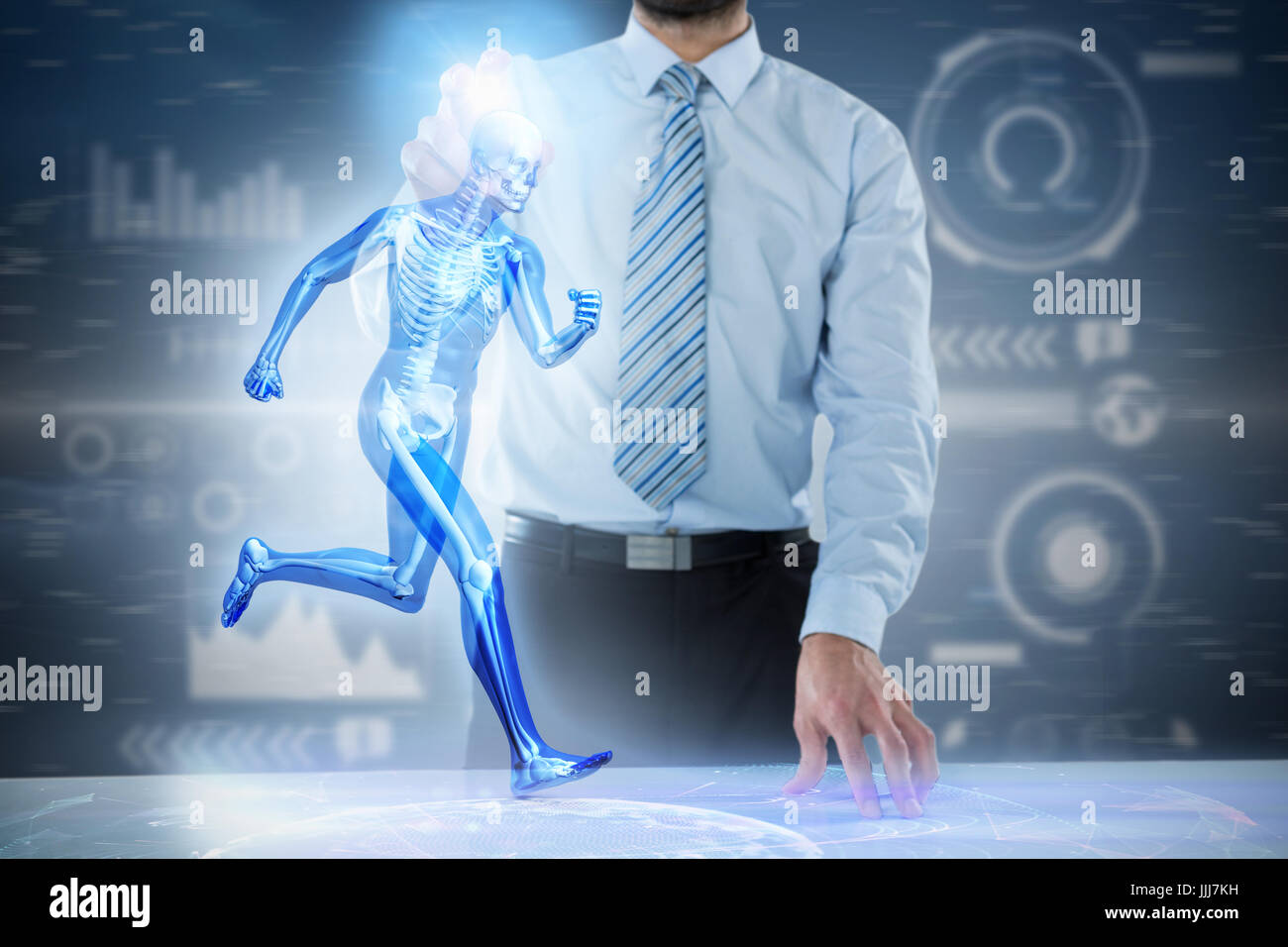 Composite 3d image of midsection of businessman touching invisible ...