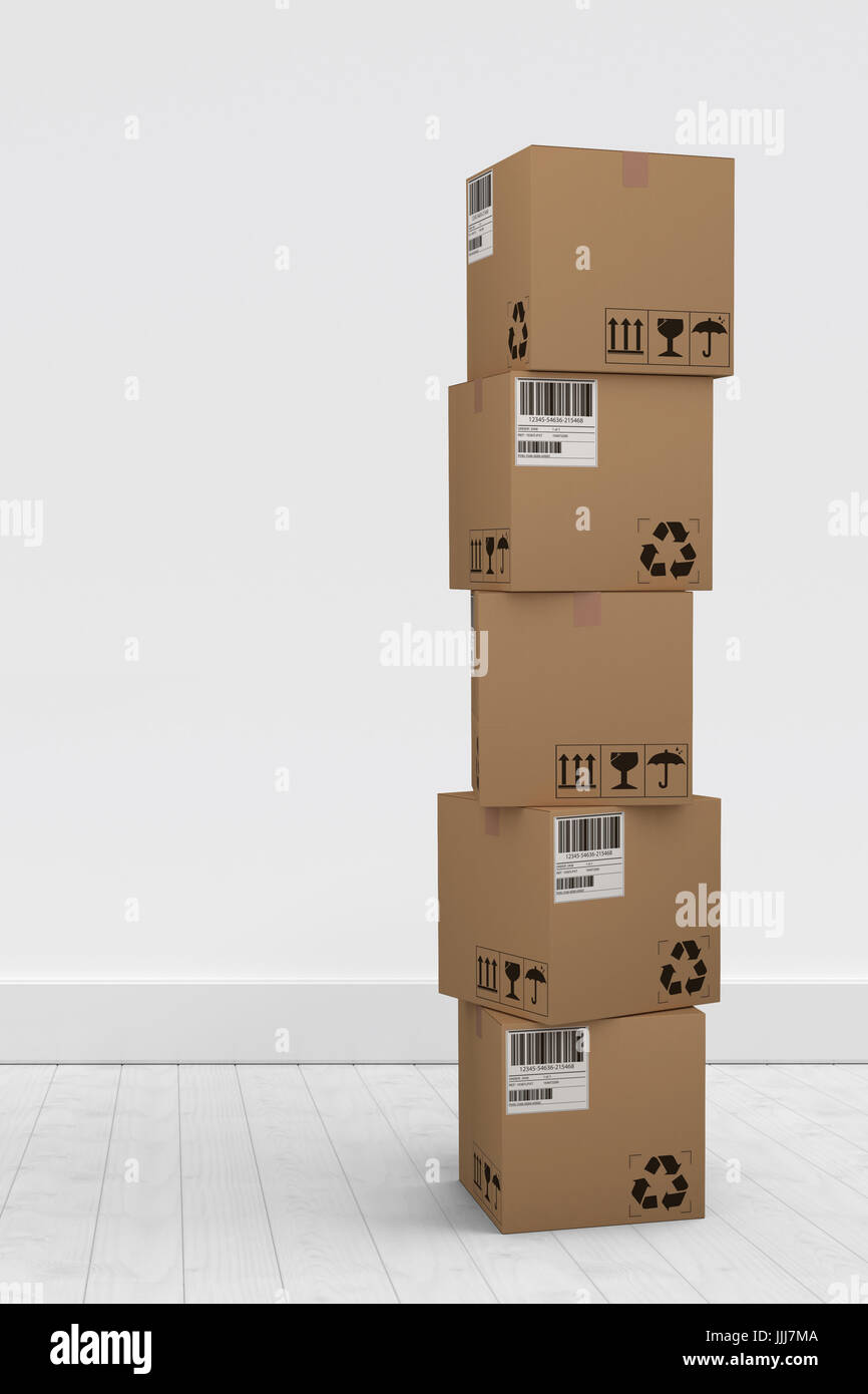 Composite image of pile of cardboard boxes on white background Stock ...