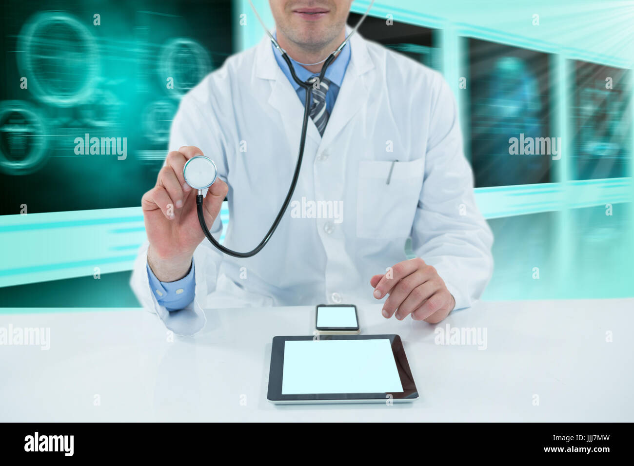 Composite 3d image of doctor examining with stethscope Stock Photo - Alamy
