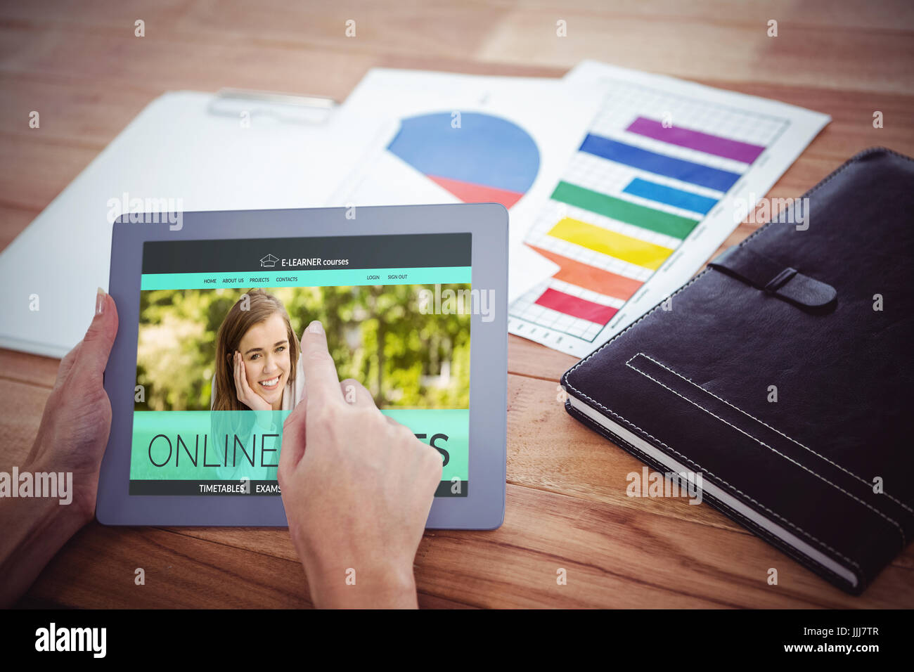 Composite 3d image of composite image of e-learning interface on screen ...