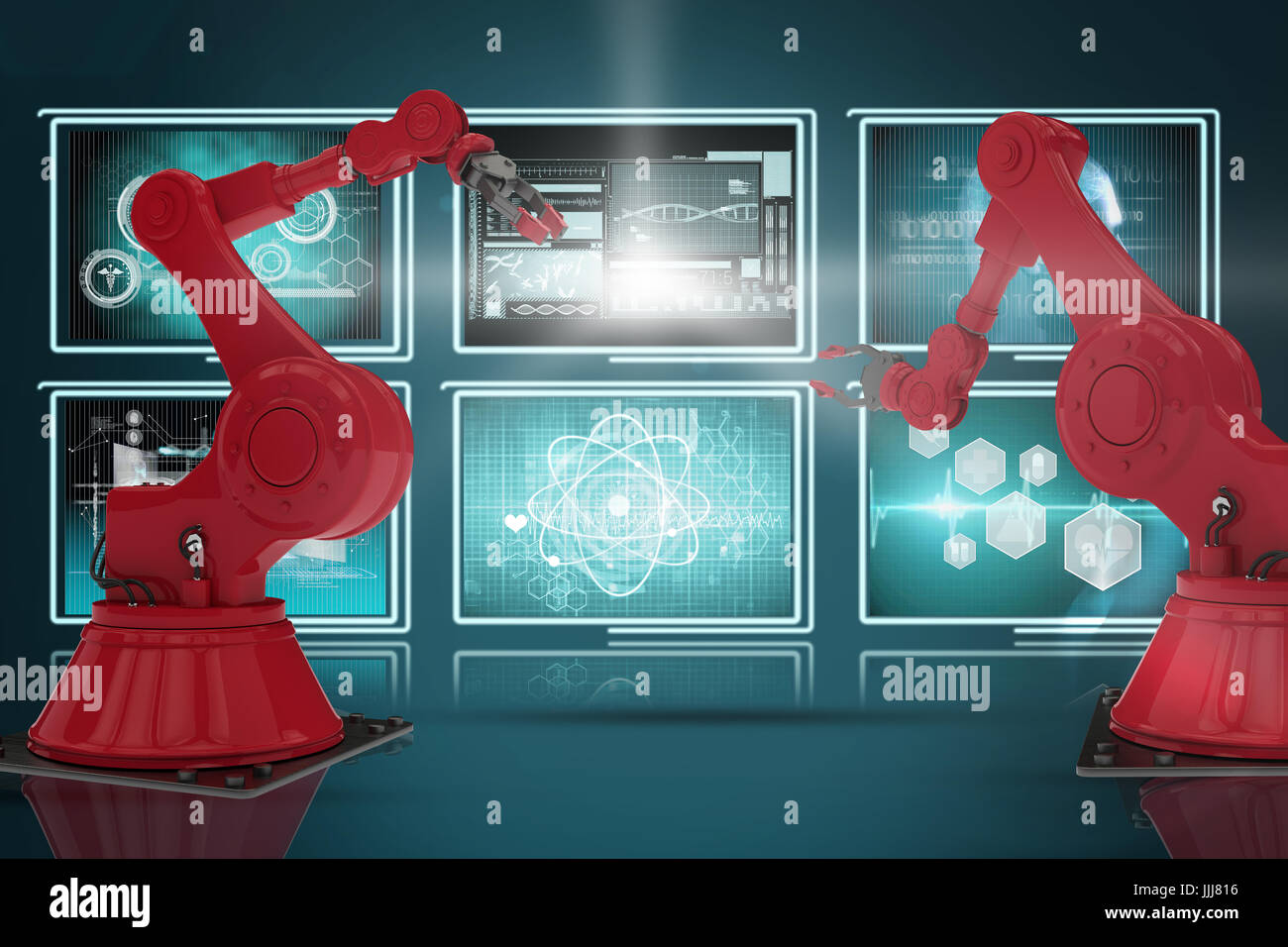 Composite 3d image of red robot arm with claw Stock Photo - Alamy
